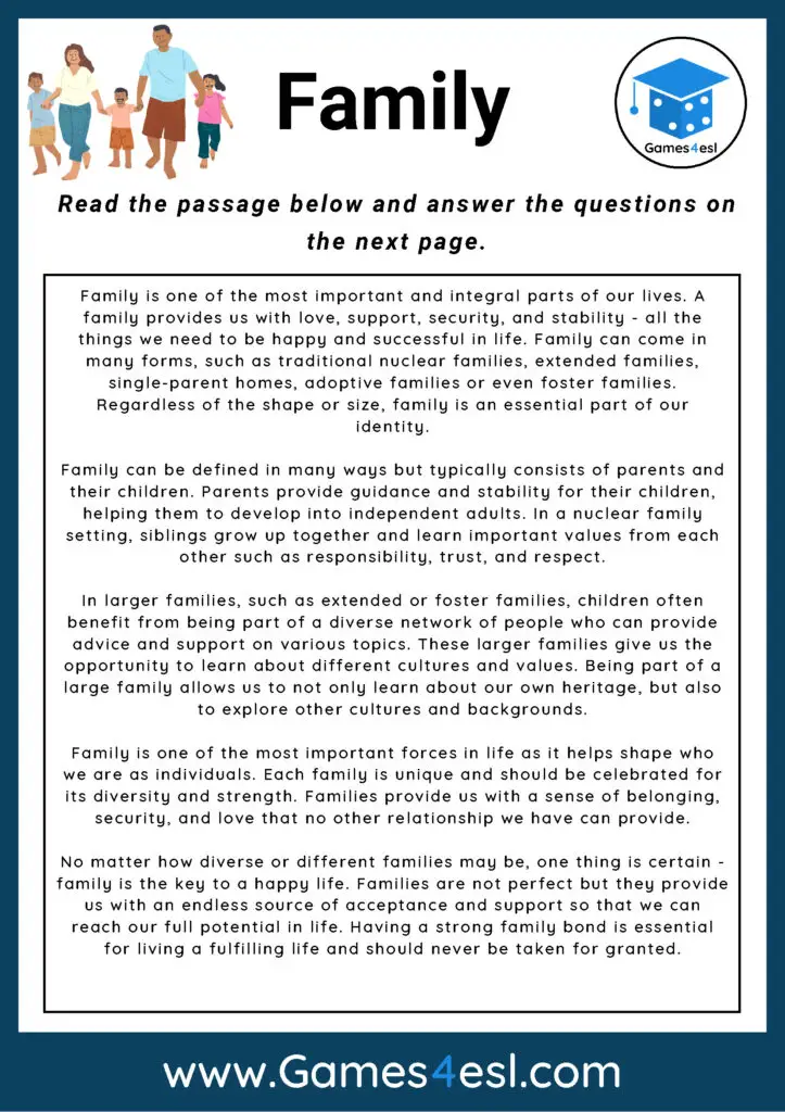 Family - Reading Comprehension Worksheet | Games4esl Family - Reading Comprehension Worksheet | Games4esl