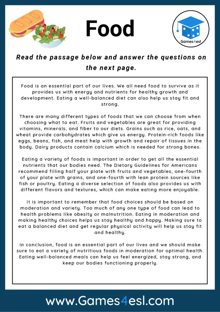 Food - Reading Comprehension Worksheet | Games4esl Food - Reading Comprehension Worksheet | Games4esl
